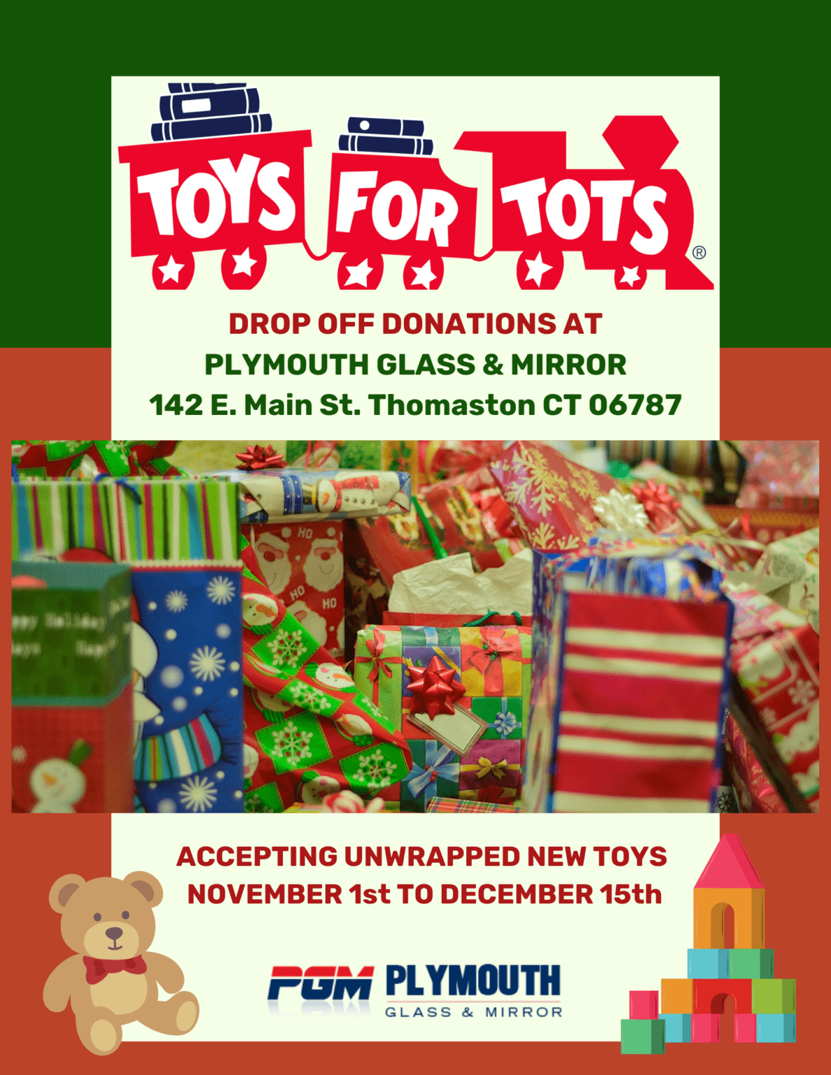 Toys for Tots Connecticut 2025 | Plymouth Glass & Mirror Holiday Toy ...